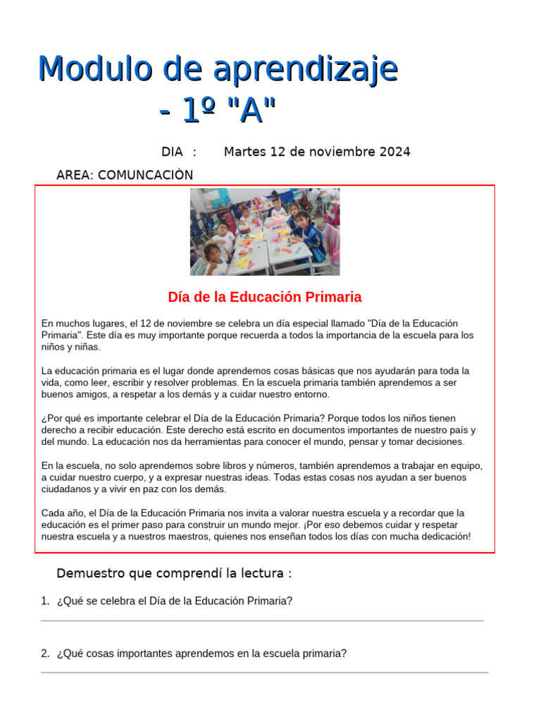 Modulo de Aprendizaje 1ºa-2024 | PDF | Educación primaria | Escuelas