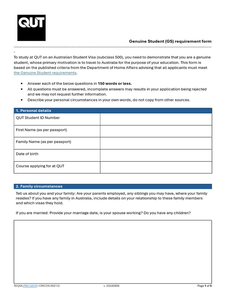 Genuine Student Requirement Form QUT | PDF | Cost Of Living | Travel Visa