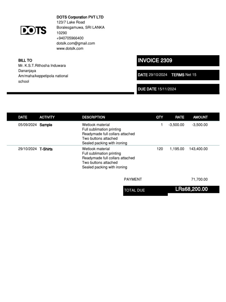 Invoice 2309 for T-Shirt Order | PDF