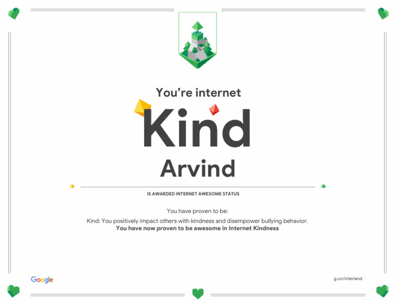 Google Interland Arvind Certificate of Kindness | PDF