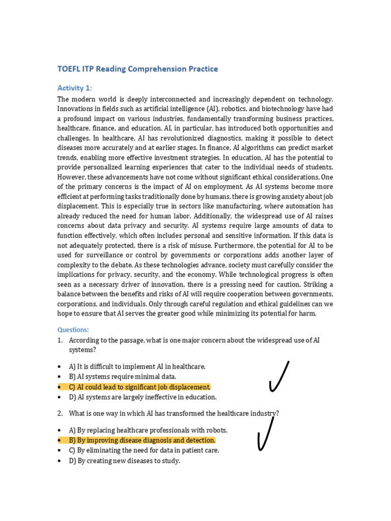 TOEFL - ITP - Reading - Comprehension - Practice 2 Texts - JOSHUA | PDF ...