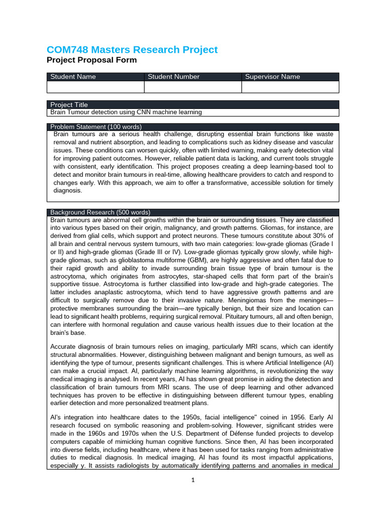 Appendix 3 - MSC Research Project Proposal Form | PDF | Brain Tumor ...