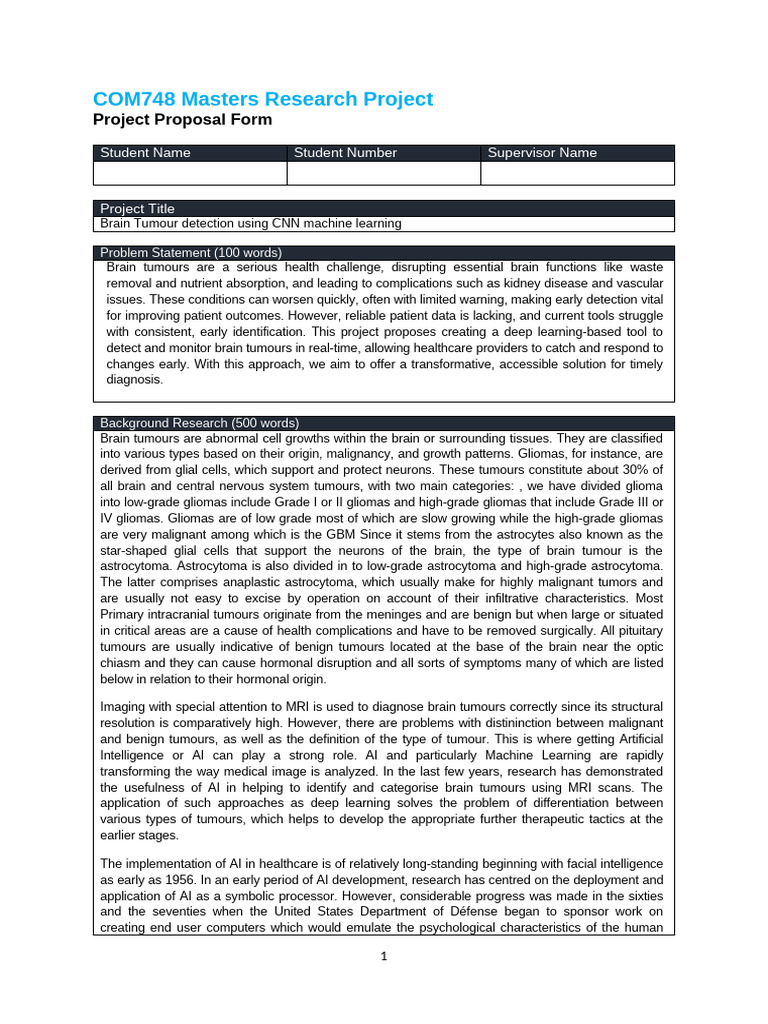 Appendix 3 - MSC Research Project Proposal Form | PDF | Brain Tumor ...