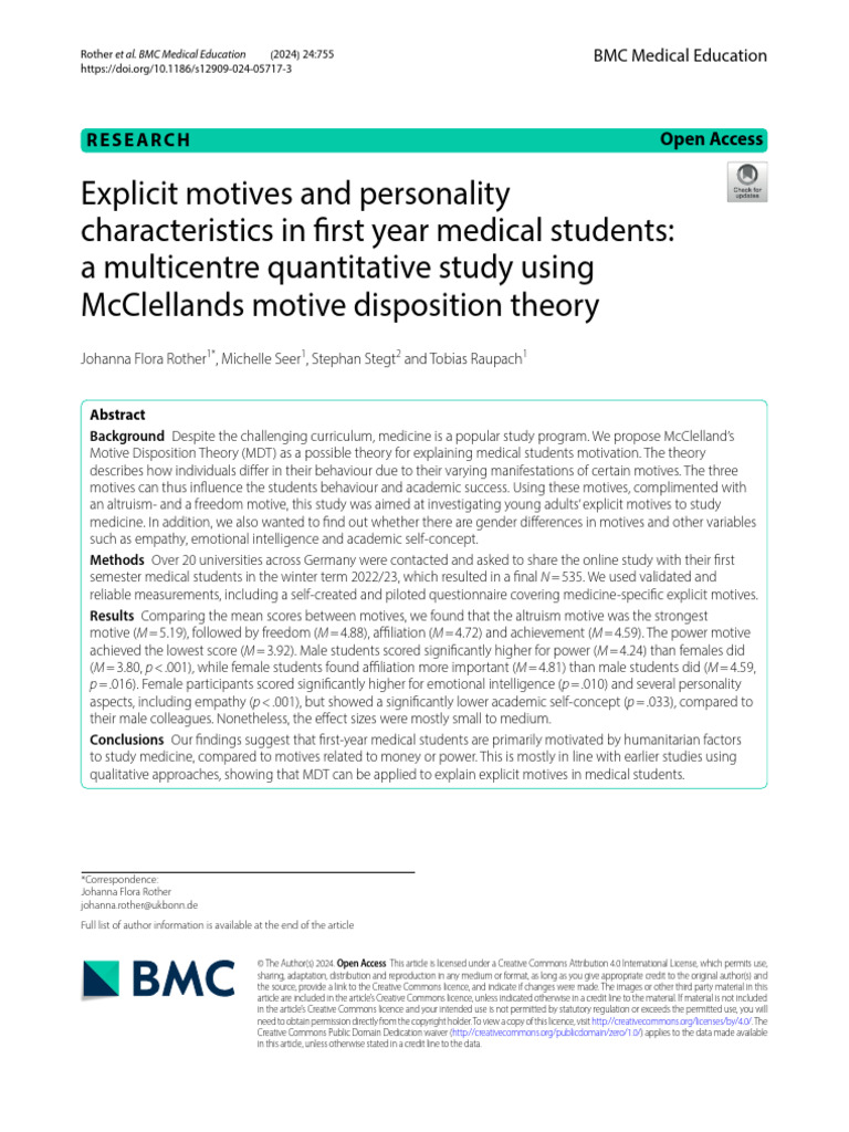 Explicit Motives and Personality Characteristics in First Year Medical ...