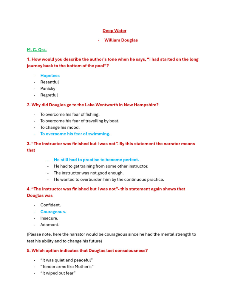 Deep Water (MCQ) | PDF | Fear