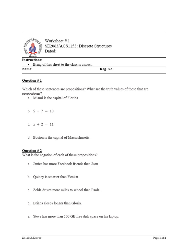 Discrete Structures Worksheet | PDF