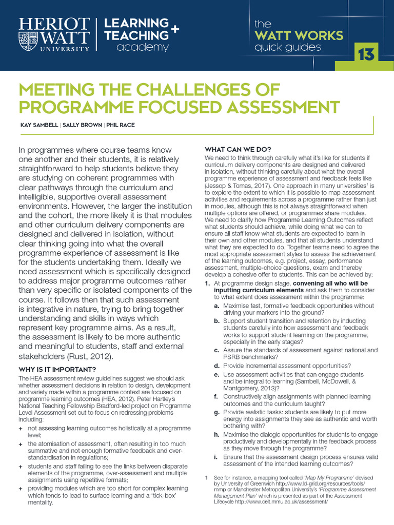GUIDE NO13 - Meeting The Challenges of Programme Focused Assessment ...
