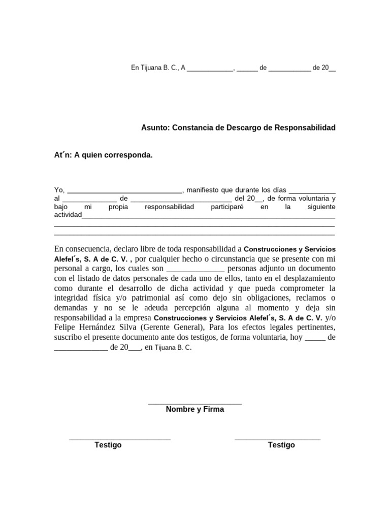 Constancia de Descargo de Responsabilidad Bco | PDF