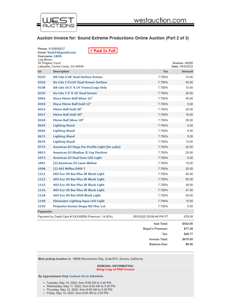 West Auctions - Auction Invoice For - Sound Extreme Productions Online ...