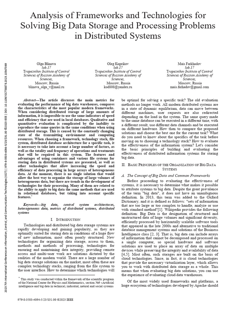 Analysis of Frameworks and Technologies For Solving Big Data Storage and Processing Problems in ...