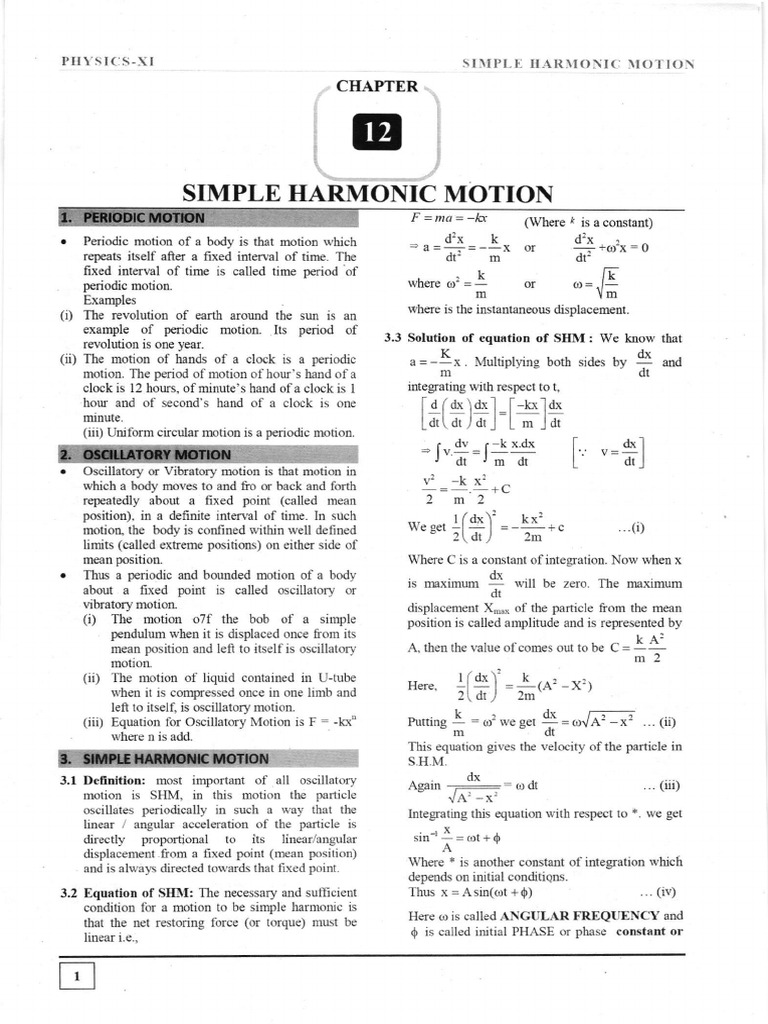 Chap-12 Simple Harmonic Motion Theory-1 | PDF | Oscillation | Phase (Waves)
