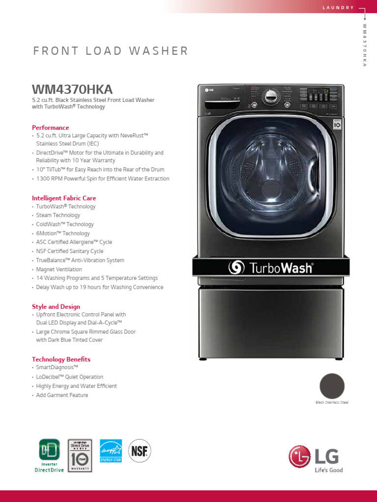 LG Washer WM4370HKA Specs | PDF | Washing Machine
