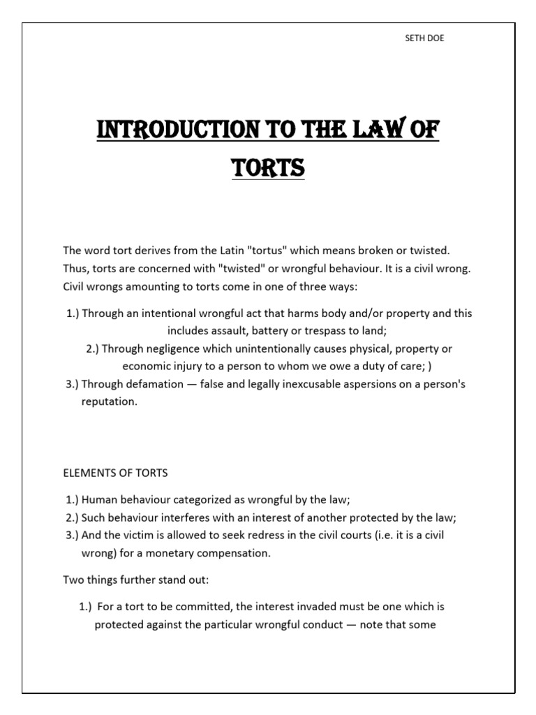 Overview of Tort Law Principles | PDF | Tort | Trespass
