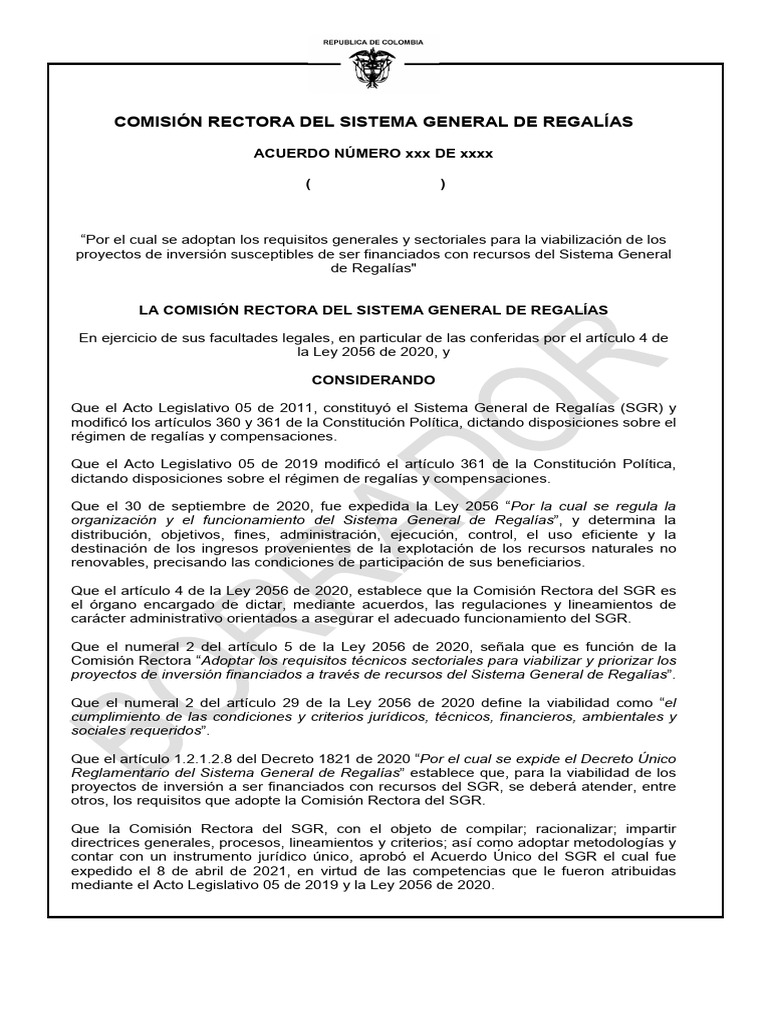 Proyecto de Decreto Acuerdo Requisitos SGR para Observaciones | PDF | Presupuesto | Prisión