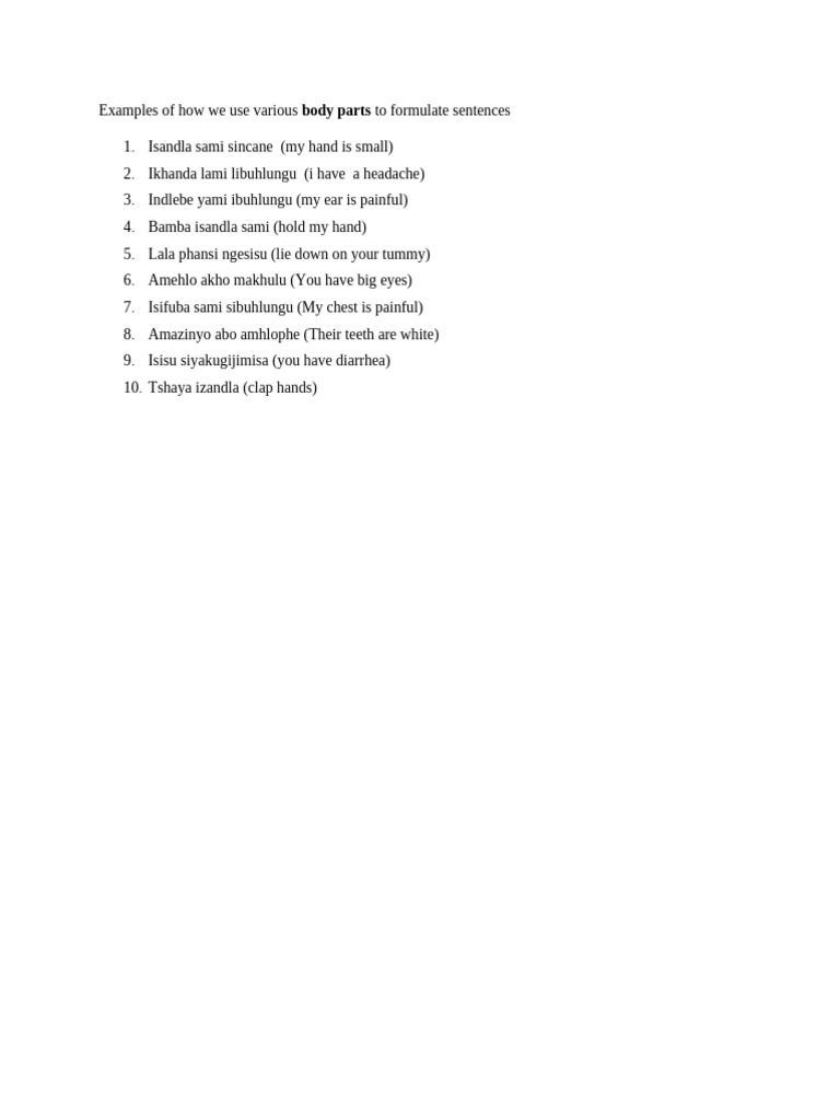 Body Parts and Sentence Formulation | PDF
