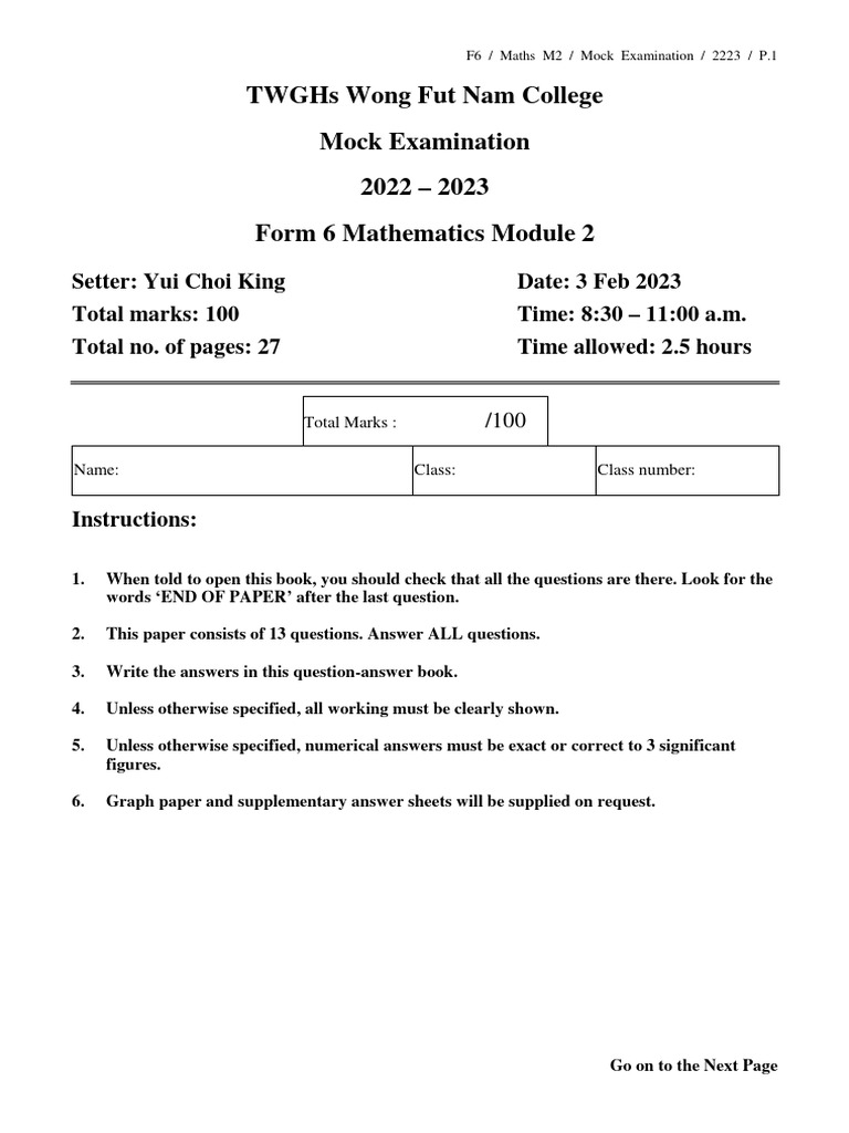 WFN - 2223 - F6 M2 Mock Paper - Karena Yeung | PDF | Mathematical Concepts | Geometry