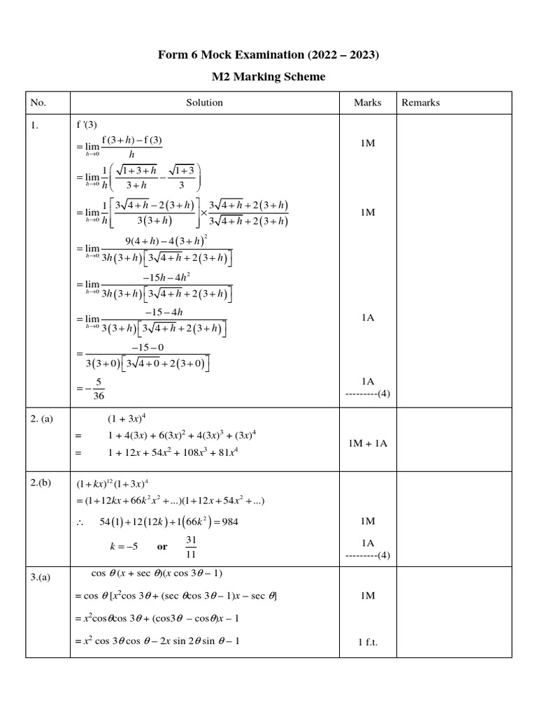 WFN - 2223 - F6 M2 Mock Paper - Ans - Karena Yeung | PDF | Mathematical Objects | Mathematics