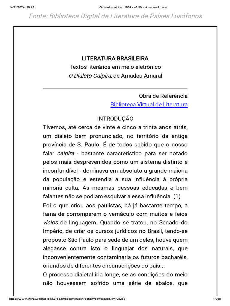 O Dialeto Caipira - 1834 - #36. - Amadeu Amaral - Atualizado | PDF ...