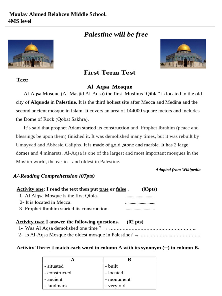 4ms First Term Test El Aqsa Mosque | PDF | Al Aqsa Mosque | Abrahamic ...