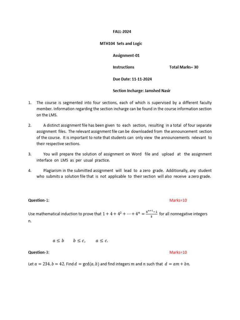 MTH104 Fall 2024 Assignment 01 Details | PDF