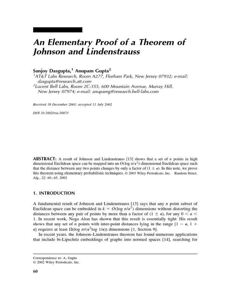 An Elementary Proof of A Theorem of Johnson and Lindenstrauss | PDF ...