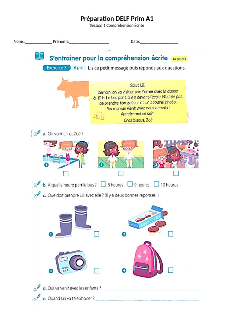 Exercices de CE - Préparation DELF Prim A1 | PDF
