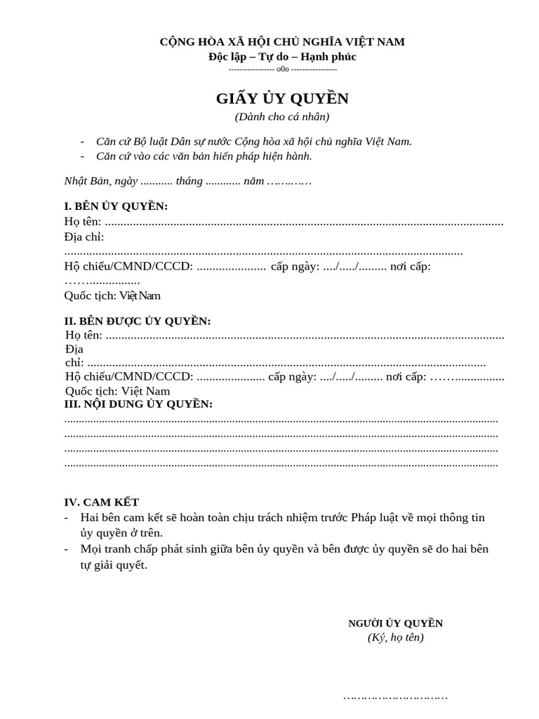 Mau Giay Uy Quyen CA Nhan | PDF