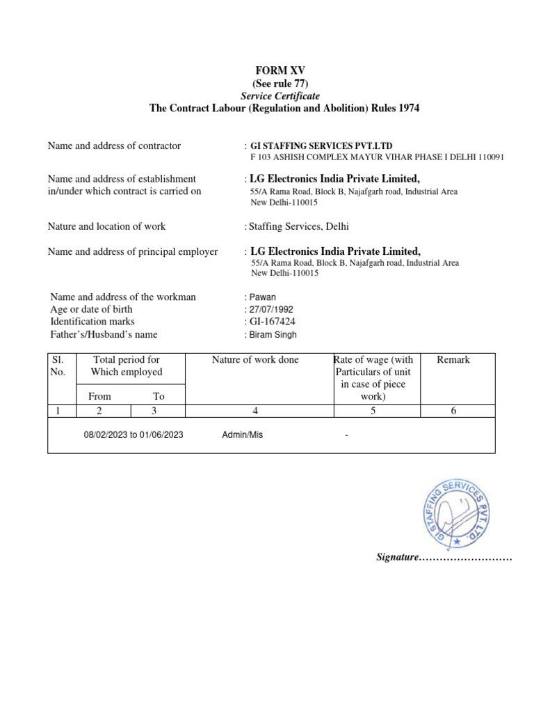Service Certificate for Contract Labour | PDF | Labor | Labor Relations