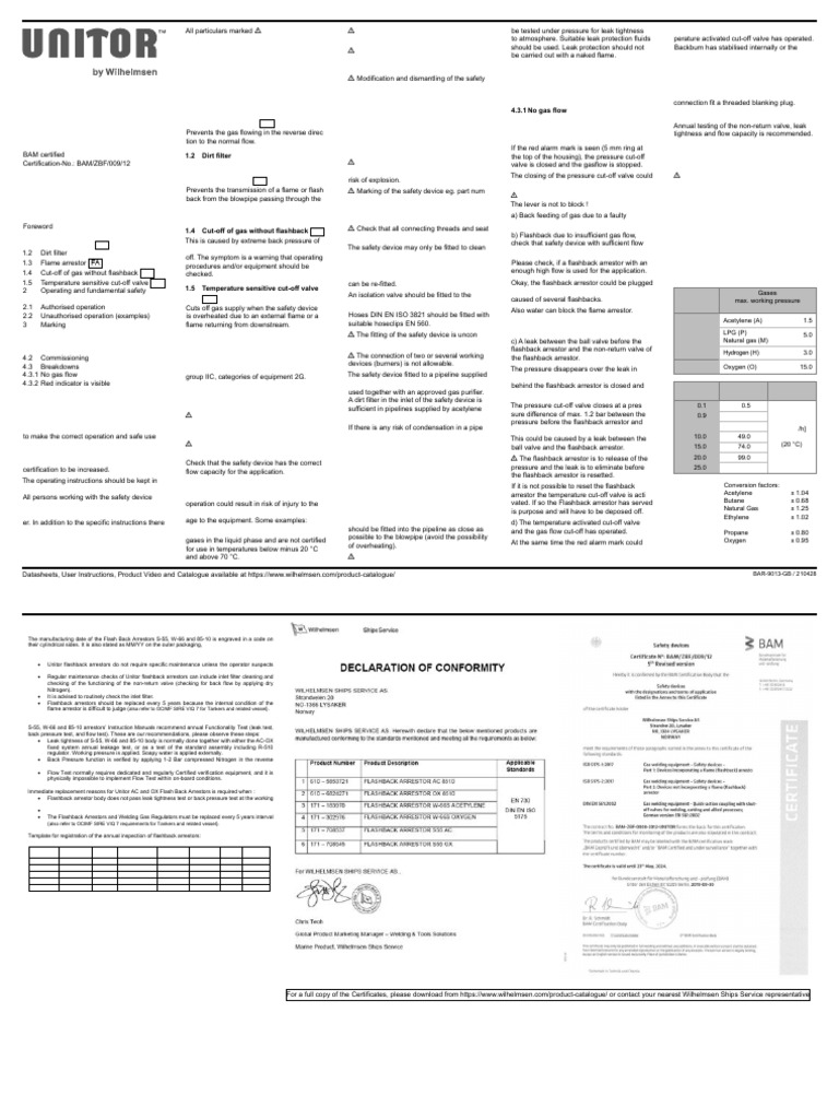Wilhelmsen Unitor S55 Oxygen Flashback Arrestor Instruction Manual ...