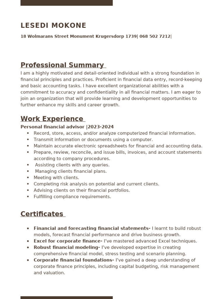 Nov FIN Lesedi Mokone CV | PDF | Accounting | Microsoft Excel