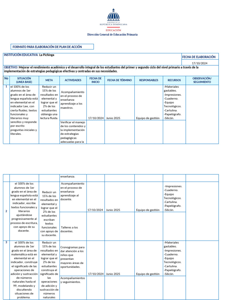 Matriz Plan de Acción La Pichinga | PDF | Enseñando | Aprendizaje