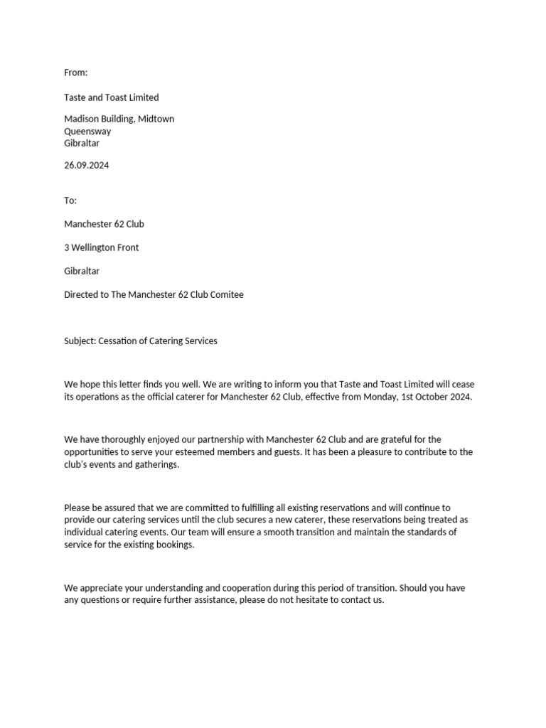 Cessation of Service Letter For Man62 | PDF | Finance & Money Management