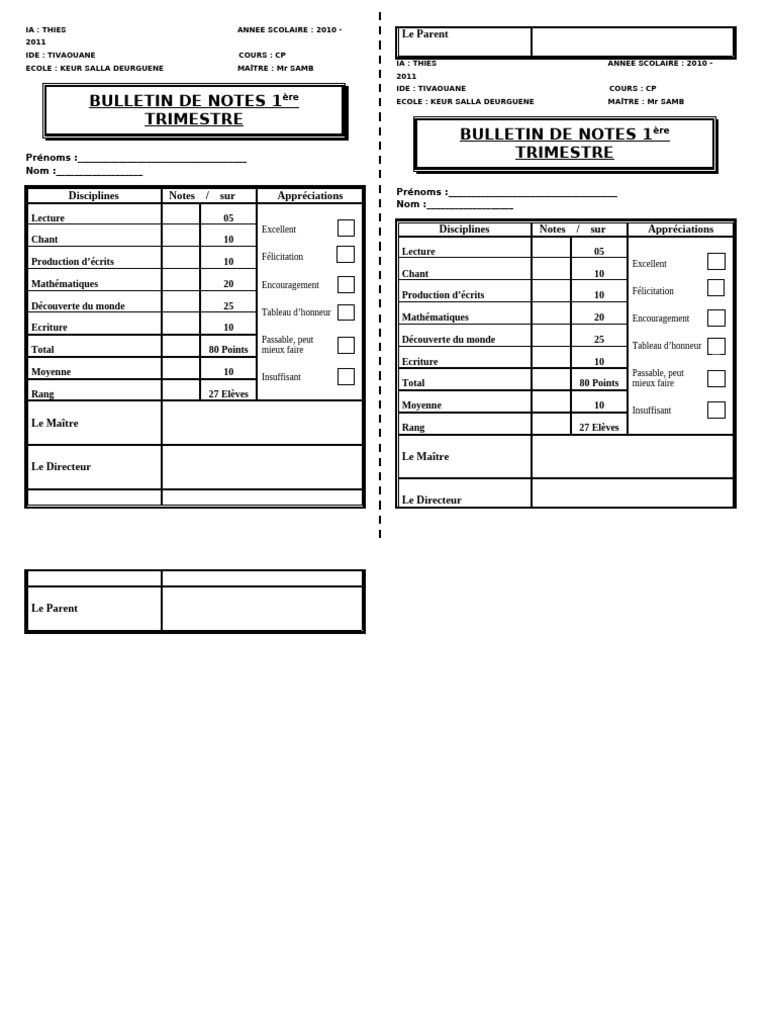 Bulletin de notes CP - 1er trimestre | PDF
