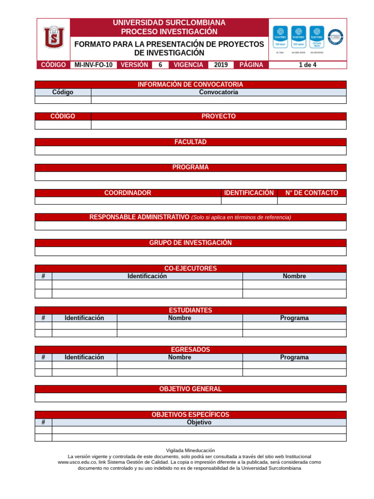 Mi-Inv-Fo-10 Formato para La Presentacion de Proyectos de Investigacion | PDF | Sistema de ...