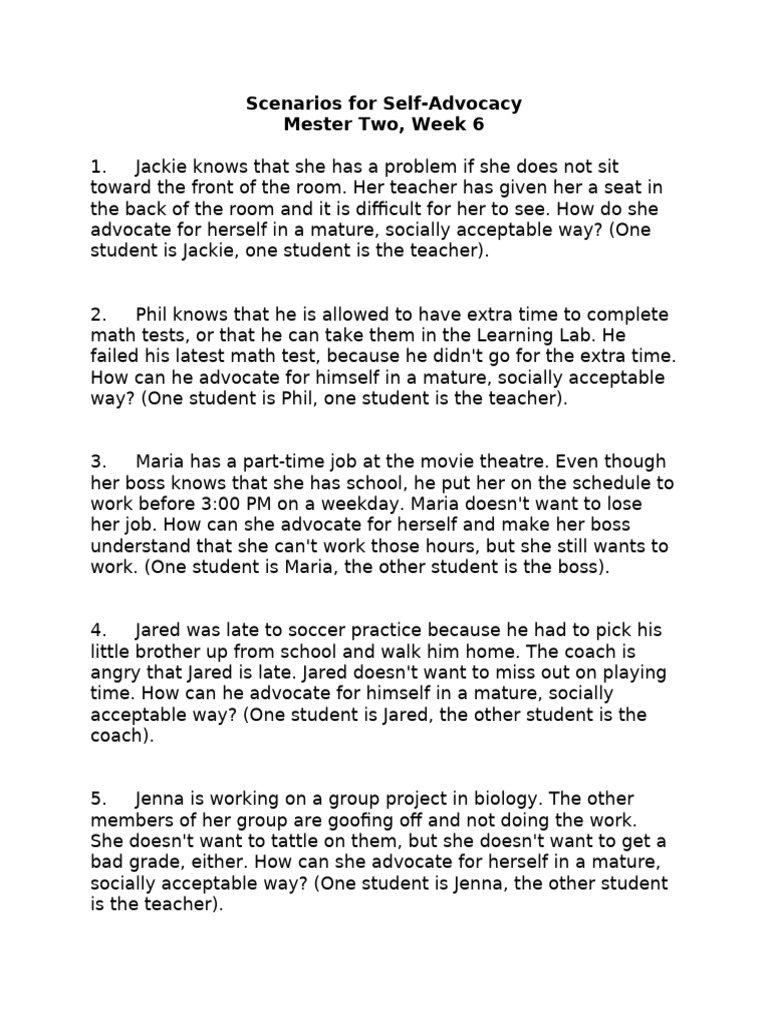 Scenarios For Self Advocacy Grade 9 | PDF