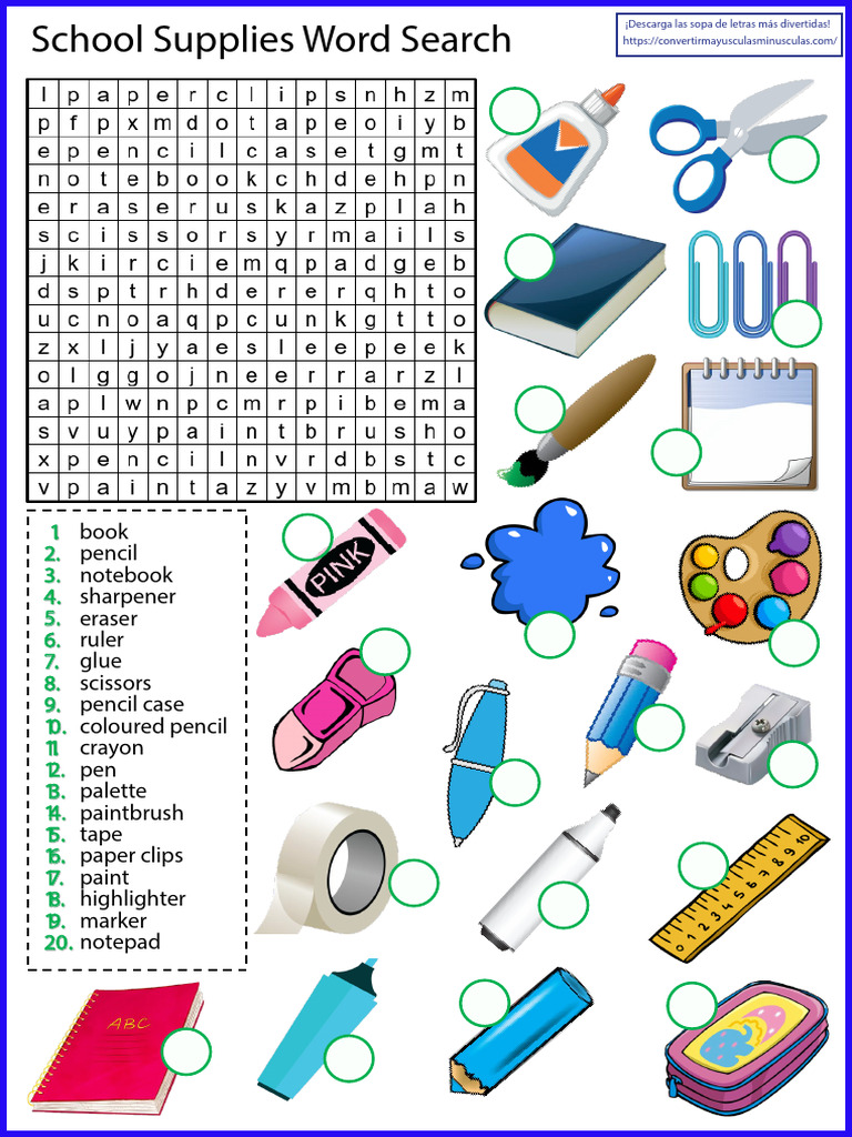 Sopa de Letras de Utiles Escolares en Ingles para Imprimir | PDF