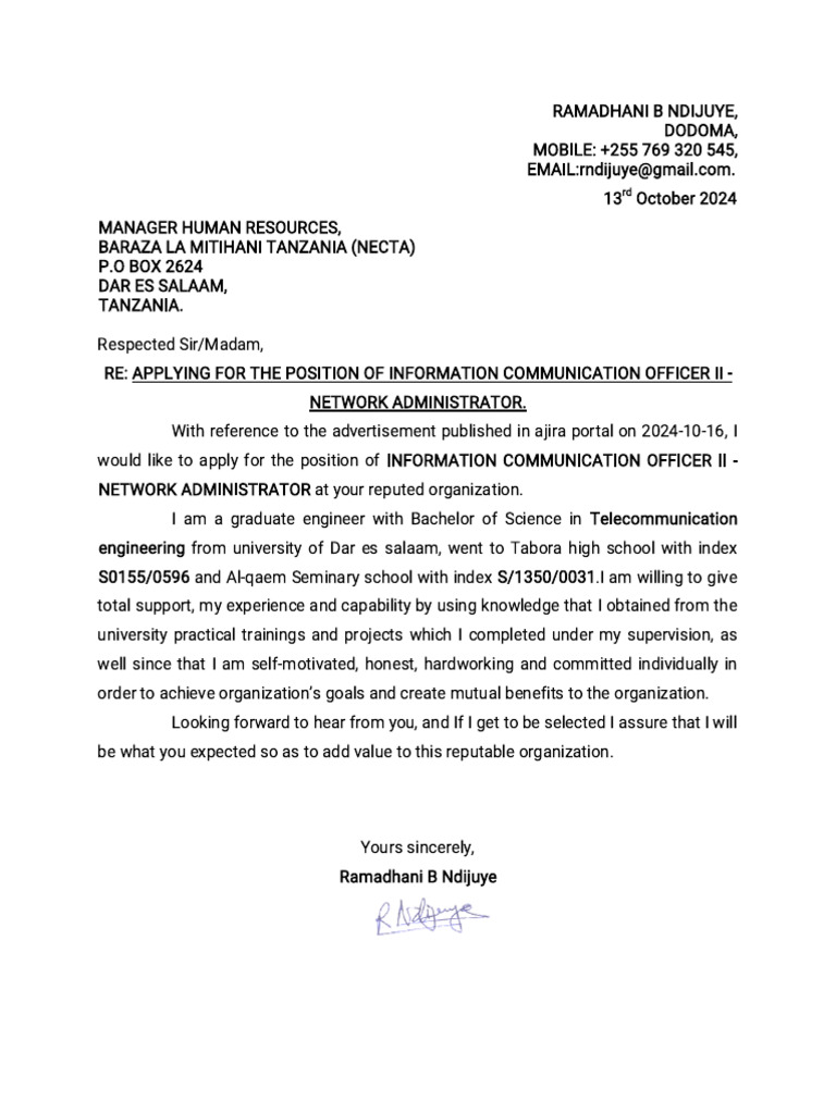 Necta Application Latter | PDF