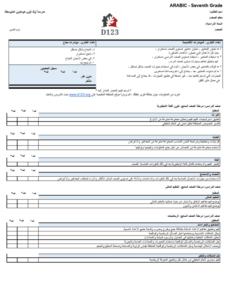 7th Arabic Report Card | PDF