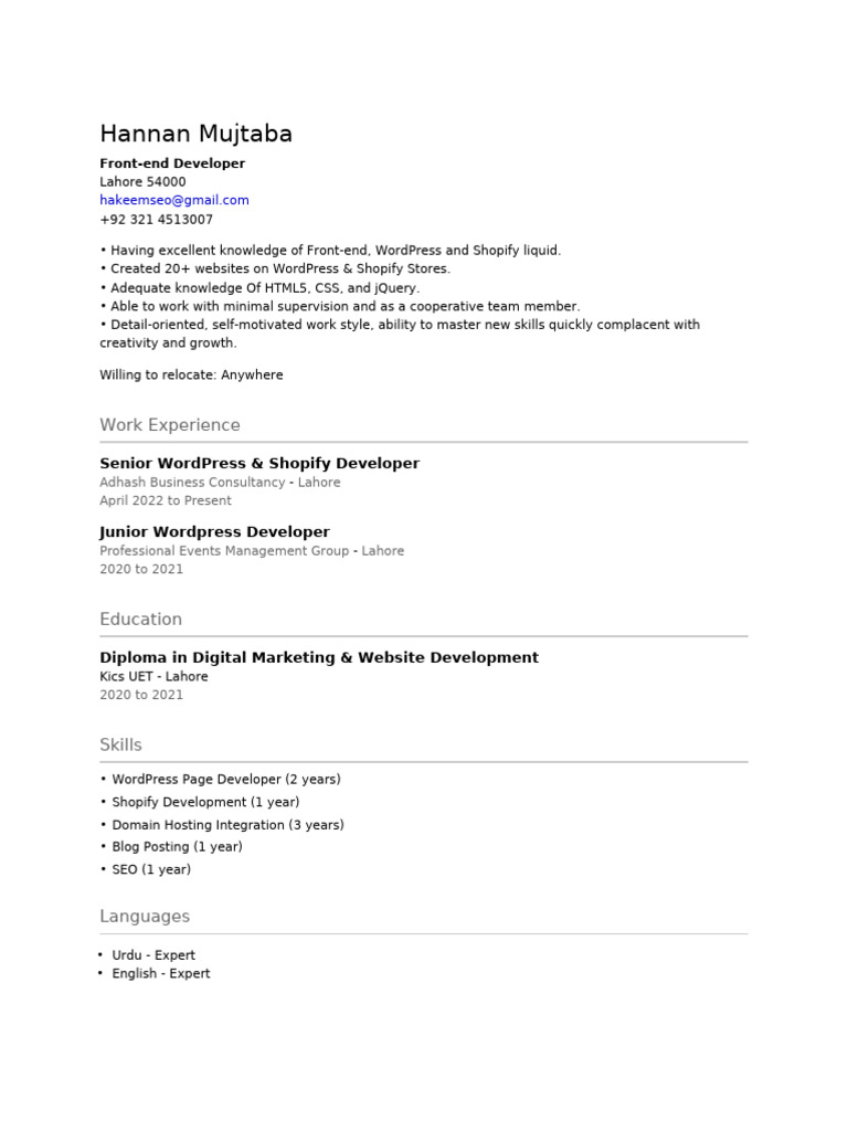 Hannan Mujtaba Resume | PDF