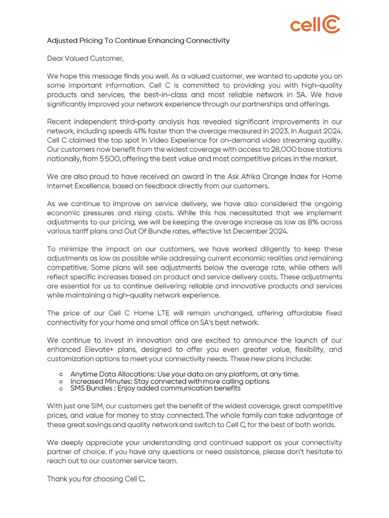 Customer Letter Contract Price Increase 2024 | PDF