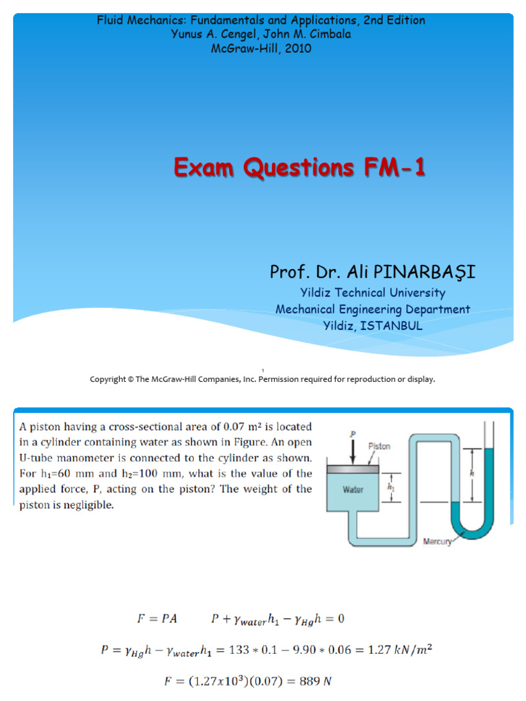 Exam Questions FM-1 Viscosity, Static & Manometer | PDF | Pressure | Pressure Measurement