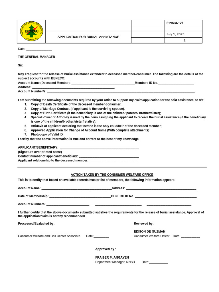 Burial Assistance Application Form | PDF | Social Institutions