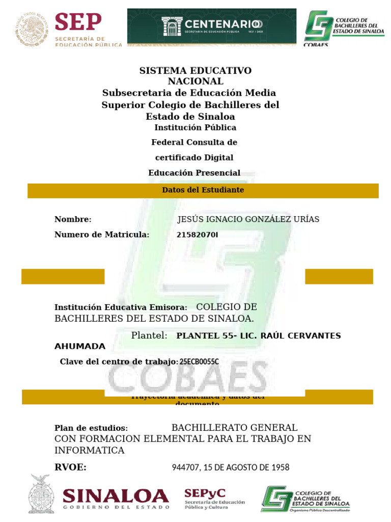 Datos del Certificado Cobaes | PDF