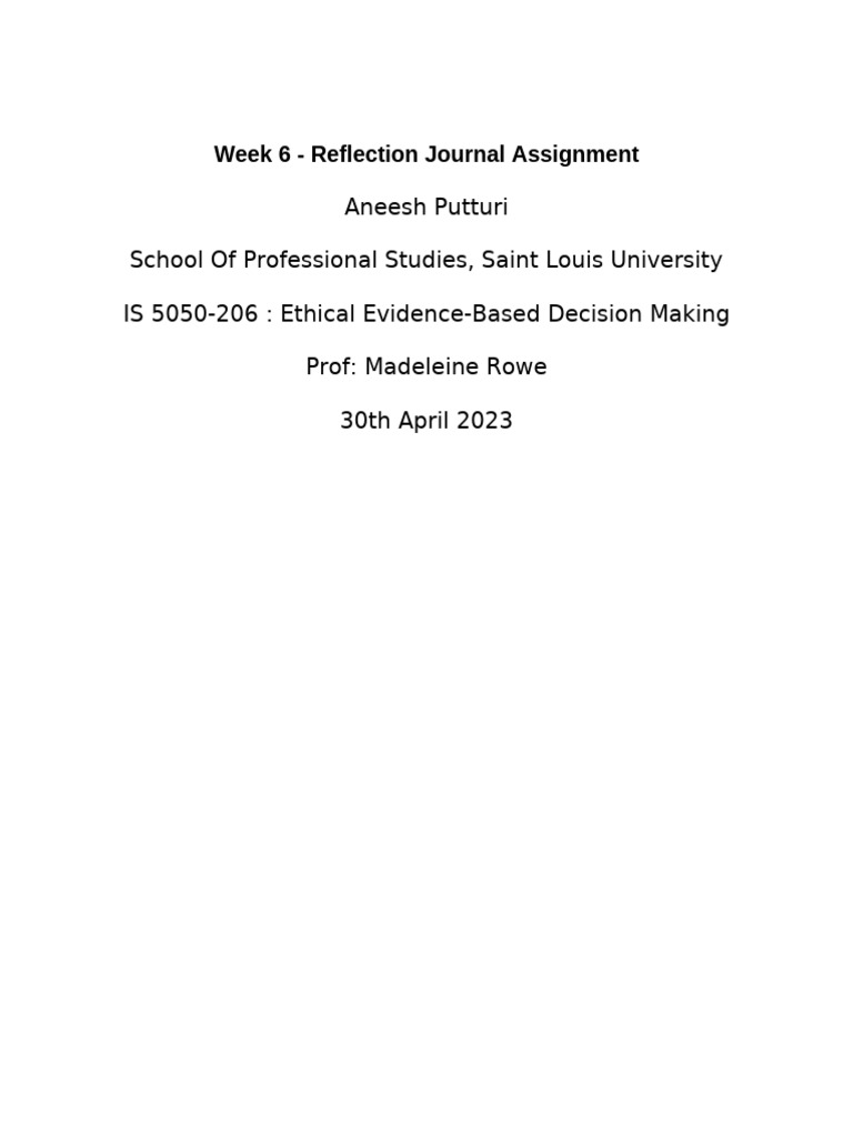 Week 6 - Reflection Journal Assignment | PDF | Decision Making | Risk