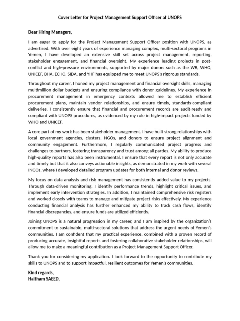 Cover Letter For Project Management Support Officer at UNOPS | PDF ...