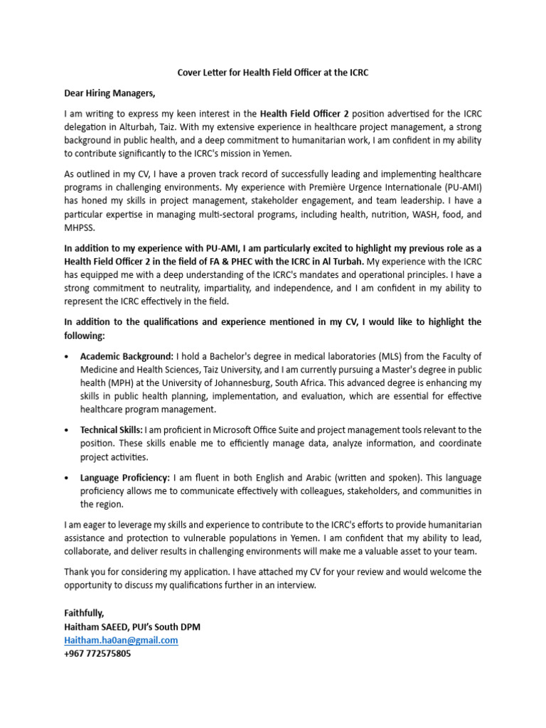 Application for ICRC Health Officer Role | PDF | International ...