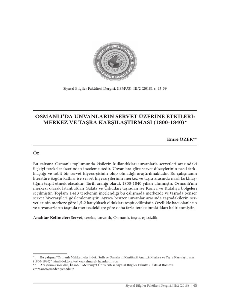 Osmanl - Da Unvanlar - N Servet - Zerine Etkileri - Merkez Ve Ta - Ra Kar - La - T - Rmas ...