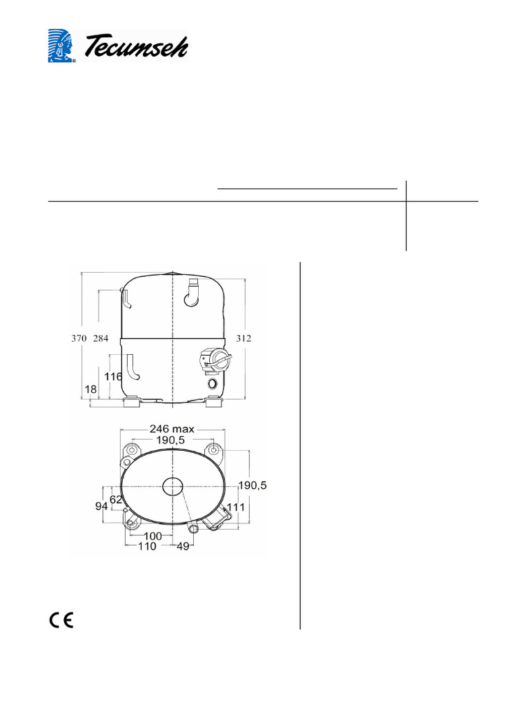 Technical Specifications Tecumseh Compressor 3hp R22 MHBP FH5540E TUBE ...