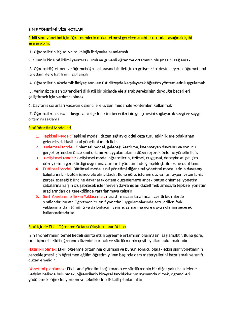Sinif Yöneti̇mi̇ Vi̇ze Notlari | PDF