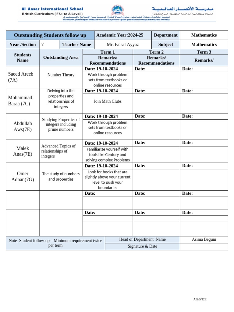 MATH Outstanding Students Follow-Up - Docx 3 | PDF | Mathematics